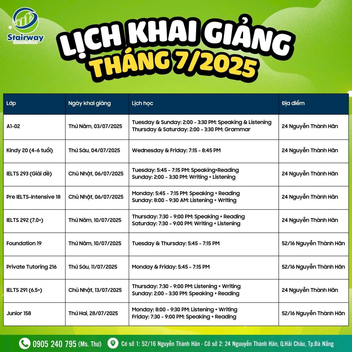 LỊCH KHAI GIẢNG THÁNG 07/2025